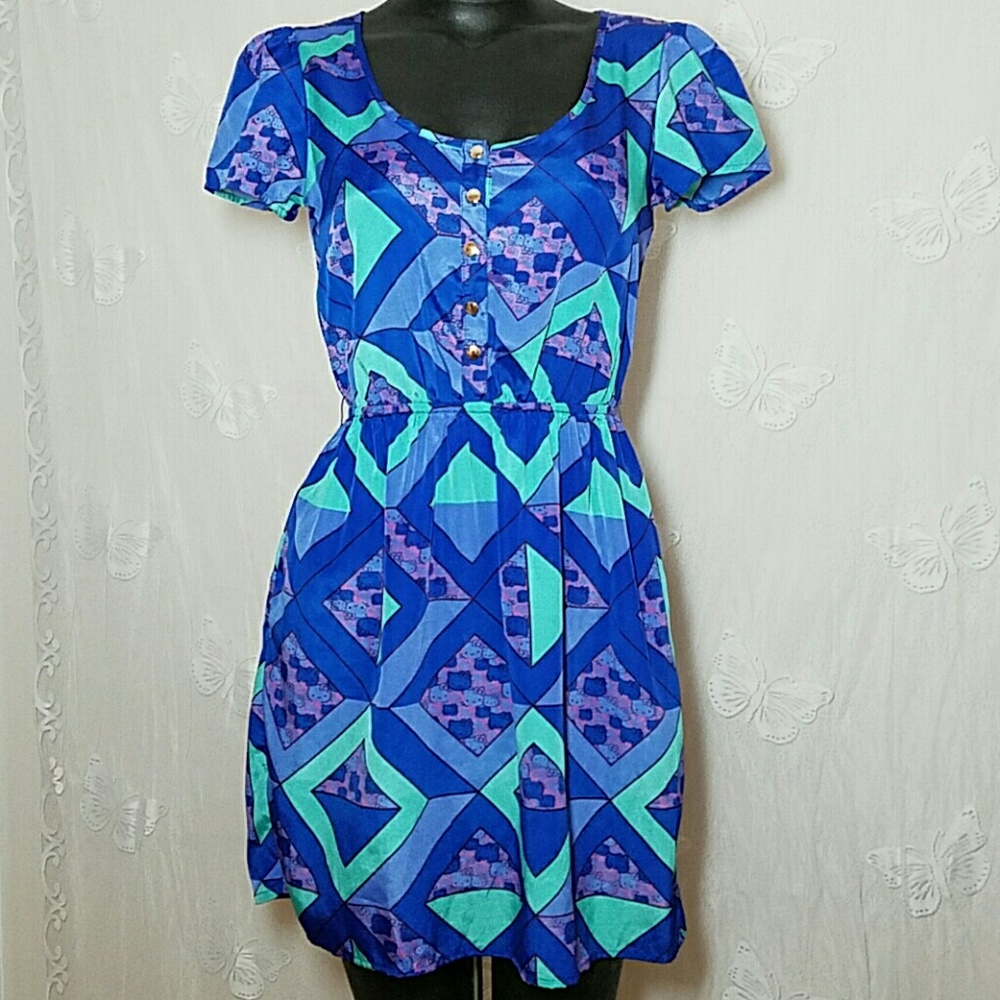 Hello Kitty Fit Flare Puff Sleeve Geometric Dress - Gem